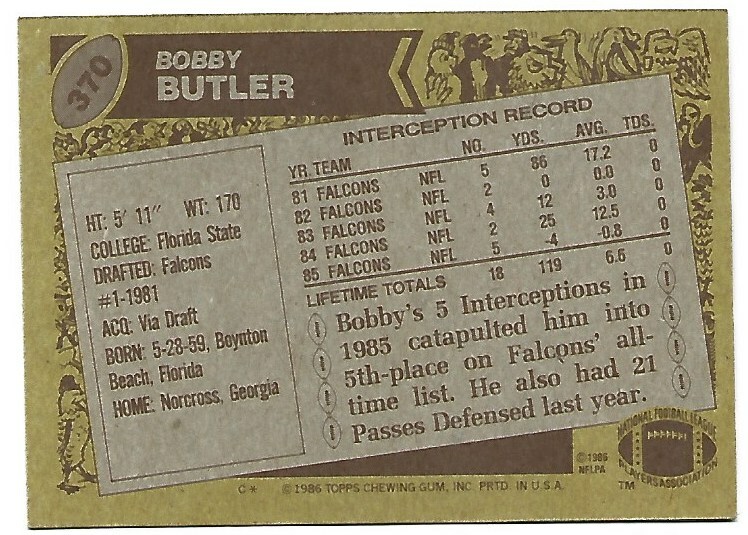 1986 TOPPS BOBBY BUTLER ATLANTA FALCONS ON CARD AUTO SIGNED CARD #370 ...