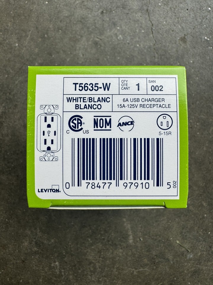 Leviton (T5635-W) 15 Amp 125V Duplex Outlet USB Dual Type-C In-Wall ...