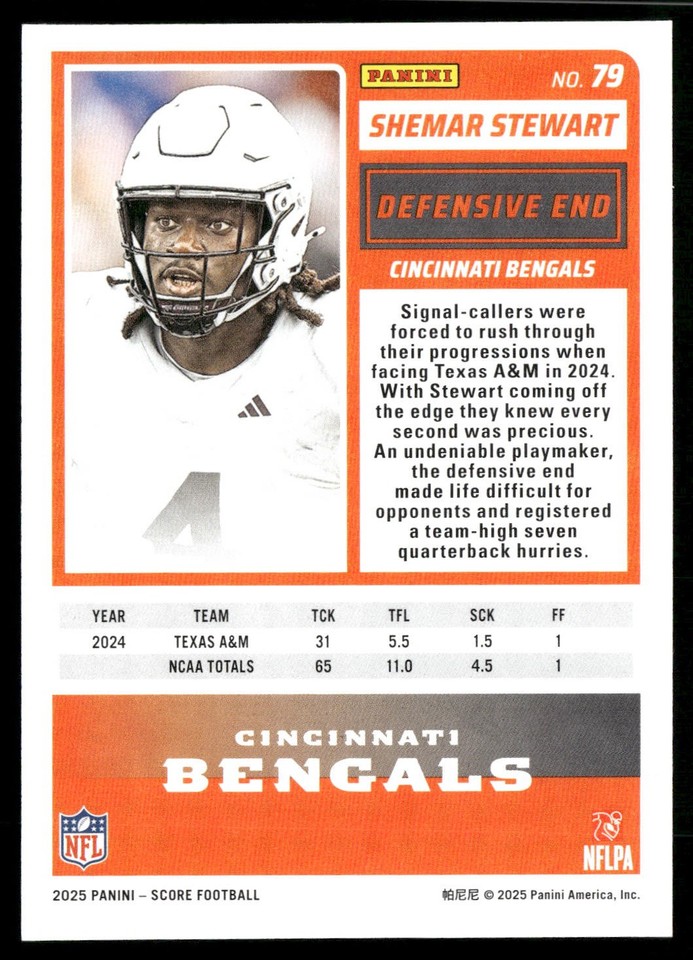 Shemar Stewart 2025 Score #79 Rookie Cincinnati Bengals | eBay