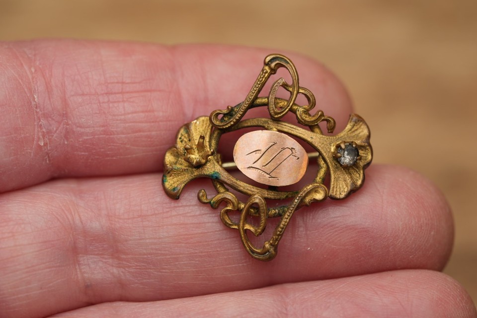 Antique Art Nouveau Brass Brooch Pin Monogrammed Cartouche Victorian ...