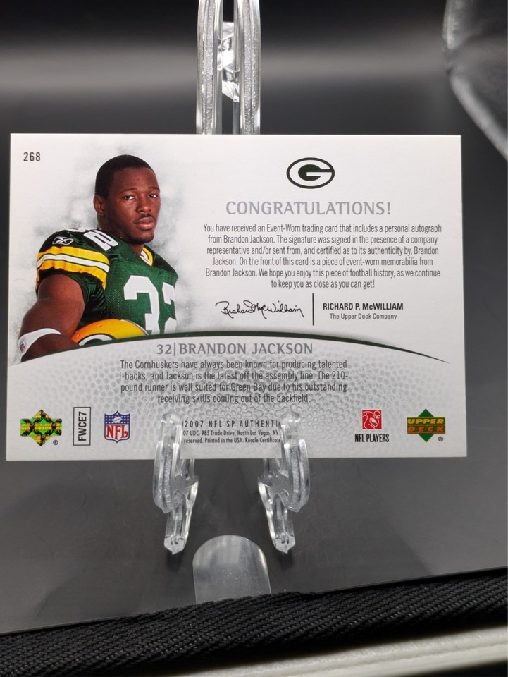 2007 UD Sp Authentic Brandon Jackson Packers #268 Rookie Patch Auto Sp ...