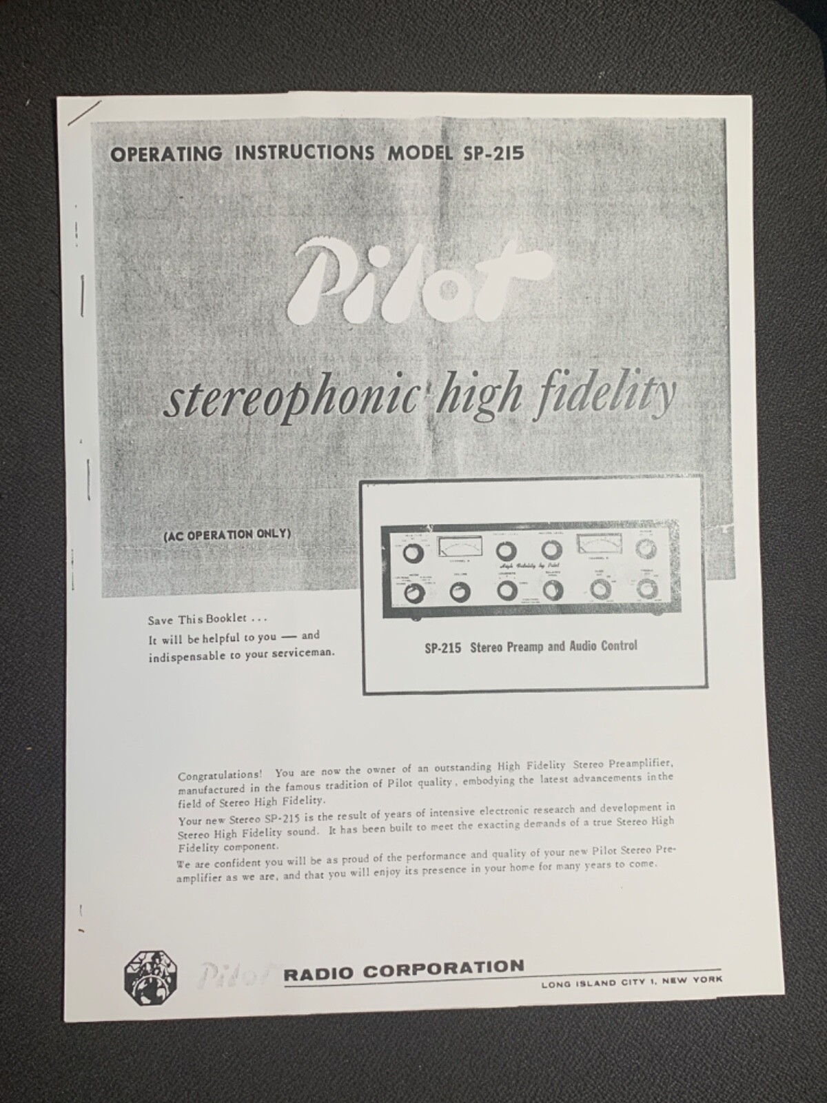 PILOT SP-215 PREAMPLIFIER PREAMP PHOTOFACT for sale online | eBay