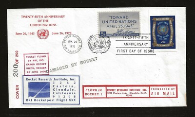 1970 US rocket mail cover RRI for UN 25th anniv. FDC "DAMAGED ...