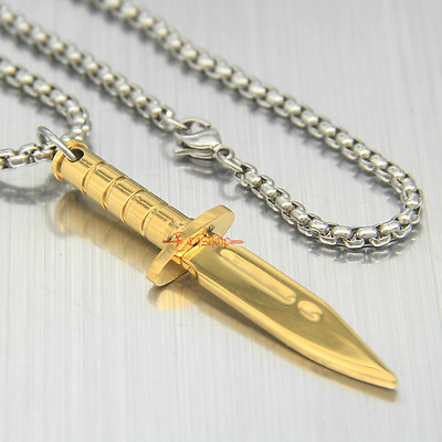 Gold Tone Stainless Steel Knife Dagger Chain Mens Necklace Pendant Army ...
