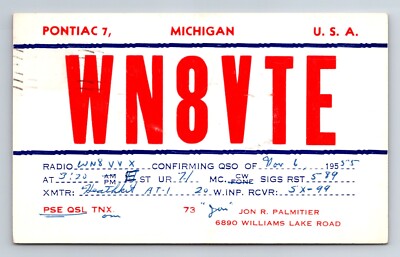 Vintage Ham Radio Amateur QSL QSO Postcard WN8VTE Pontiac, Michigan ...