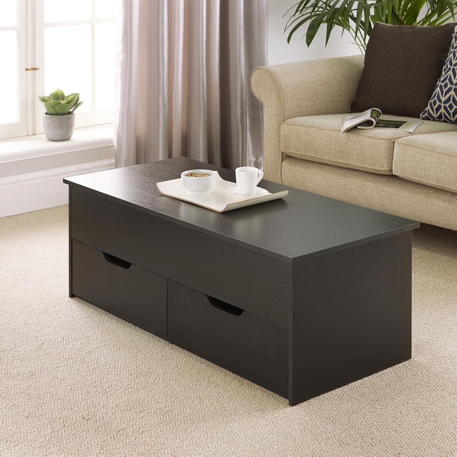 Black Lift-Top Coffee Table with Locking Storage Drawers 115x50x40cm | eBay
