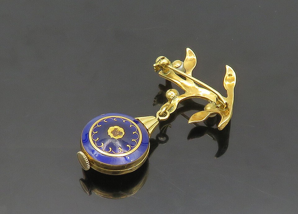 18K GOLD Vintage Antique Pearls & Enamel Floral Watch Brooch Pin GB017 ...