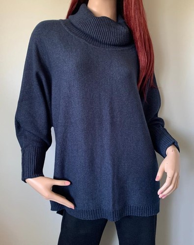WISHSTONE WOOL COTTON ROLL NECK TIGHT KNIT NAVY BLUE JUMPER SIZE 12 14 ...