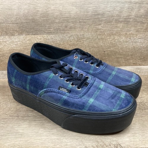VANS Authentic Stacked Velvet Plaid Blue Black Platform Shoes Womens 9. ...