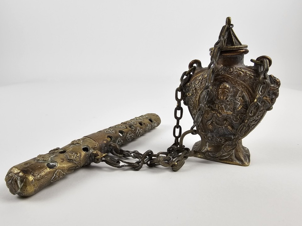 Antique Nepalese Pen Case & Inkwell Buddhist Symbols 18th -19th century ...