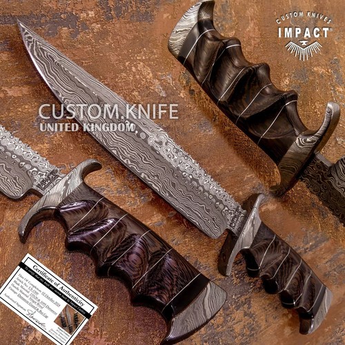 IMPACT CUTLERY CUSTOM DAMASCUS HUNTING BOWIE KNIFE WENGE WOOD HANDLE ...