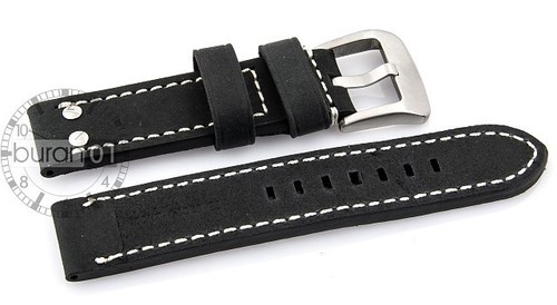 Watch Strap Pilot Style Leather Extra Strong Black White Seam 20mm 22mm ...