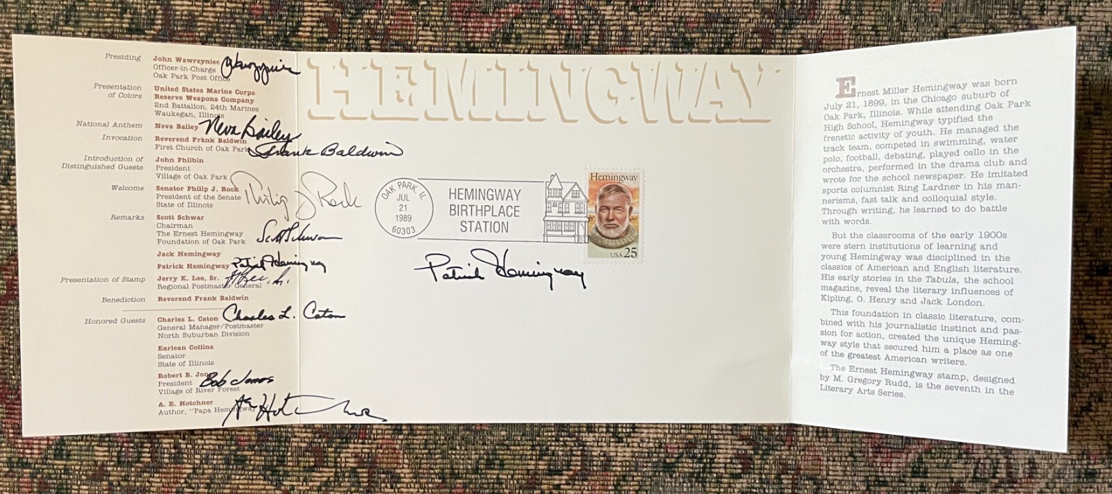 Ernest Hemingway 1989 FDC Signed Birthplace Ceremony Cover 17 ...