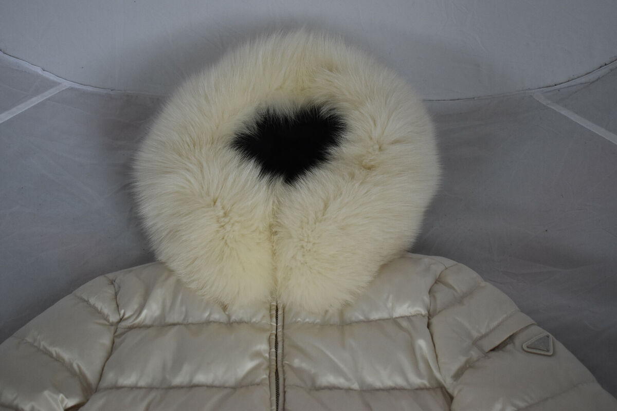 Prada White Down Quilted Zip Through Dyed Fur Jacket Coat Prada White Down Quilted Zip Through Dyed Fur Jacket Coat