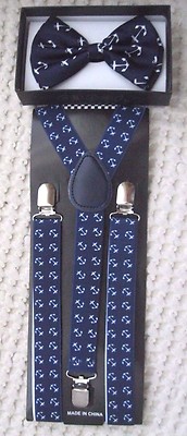BLUE WITH WHITE ANCHORS TUXEDO BOW TIE+ MATCHING ADJUSTABLE SUSPENDERS ...