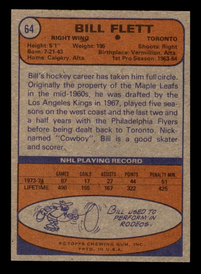 1974 Topps Hockey #64 Bill Flett NM/MT *d2 | eBay