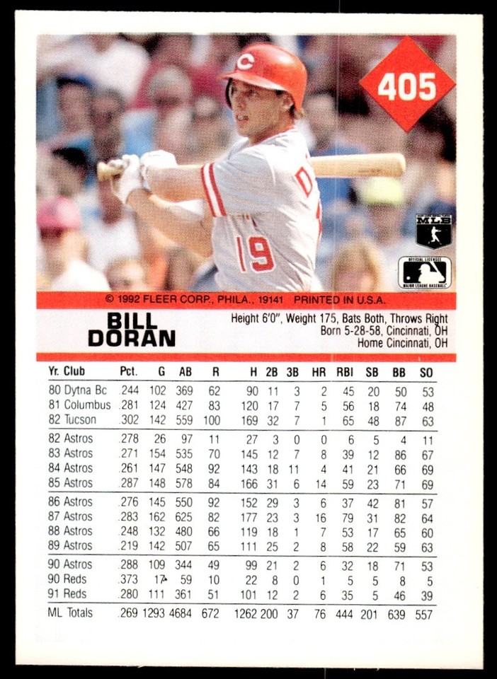 1992 Fleer Baseball Card Bill Doran Cincinnati Reds #405 | eBay
