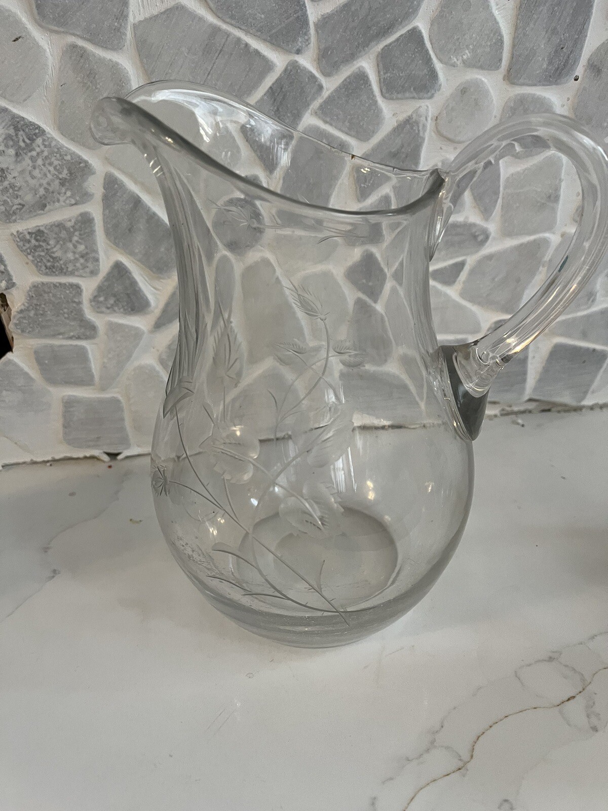 Large Heavy Glass Pitcher With Etched Flower Design: 9 Inches Tall | eBay