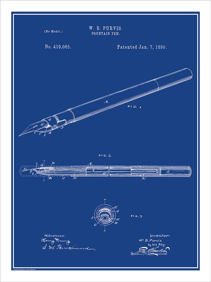 1890 W. B. Purvis Fountain Pen Patent Print Art Drawing Poster | eBay