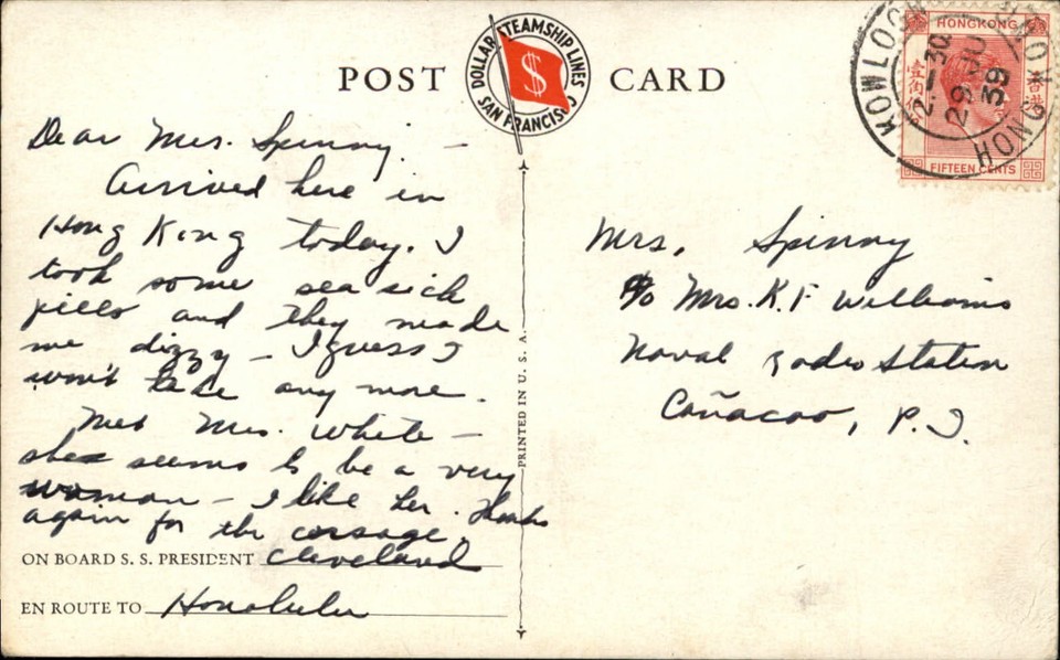 On board SS PRESIDENT CLEVELAND mailed Kowloon Hong Kong 1939 to ...