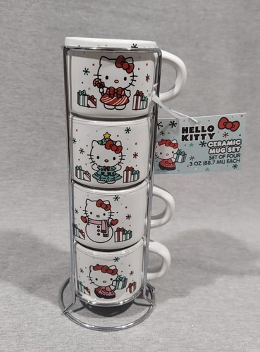New Hello Kitty Ceramic Christmas Holiday Stacking 4 Set Of 3oz Mugs | eBay