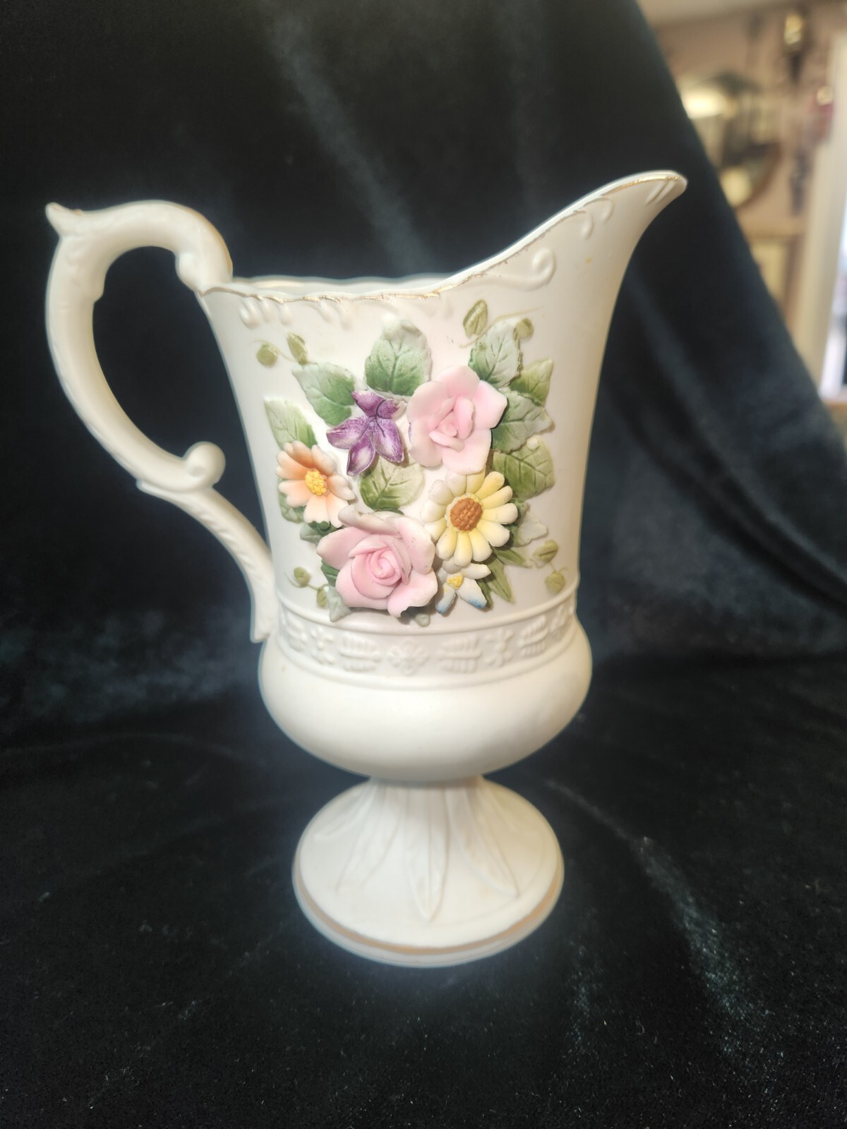 vintage lefton small pitcher raised flowers KW4496 gold hand painted 6 ...
