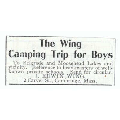 The Wing Camping Trip for Boys J. Edwin Wing Cambridge MA 1903 Ad AF7 ...