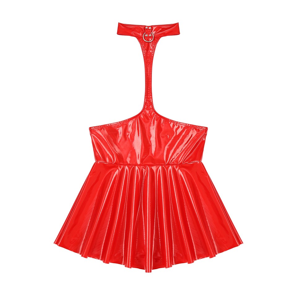 UK Women Open Chest Halter Ruffled Dress Wet Look Leather Backless ...