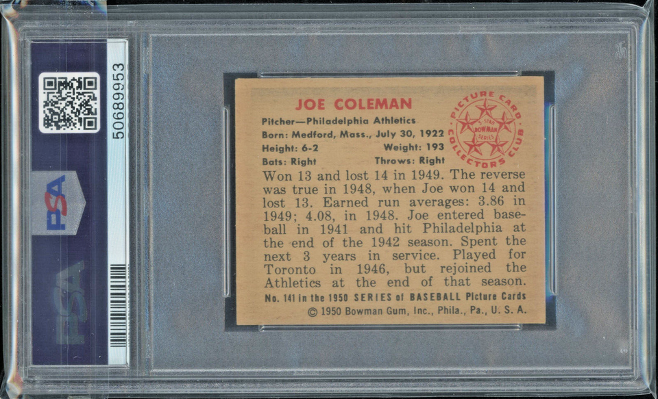 1950 Bowman #141 Joe Coleman PSA 6 RC Rookie Philadelphia A's Baseball ...