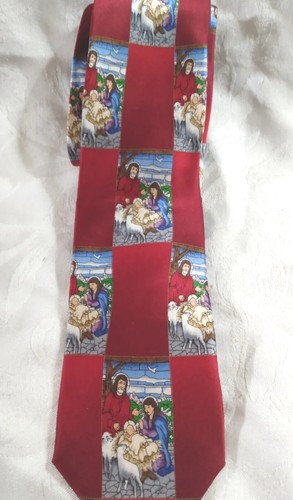 John Ashford Men's Silk Bethlehem Nativity Scene Neck Tie Red Check ...