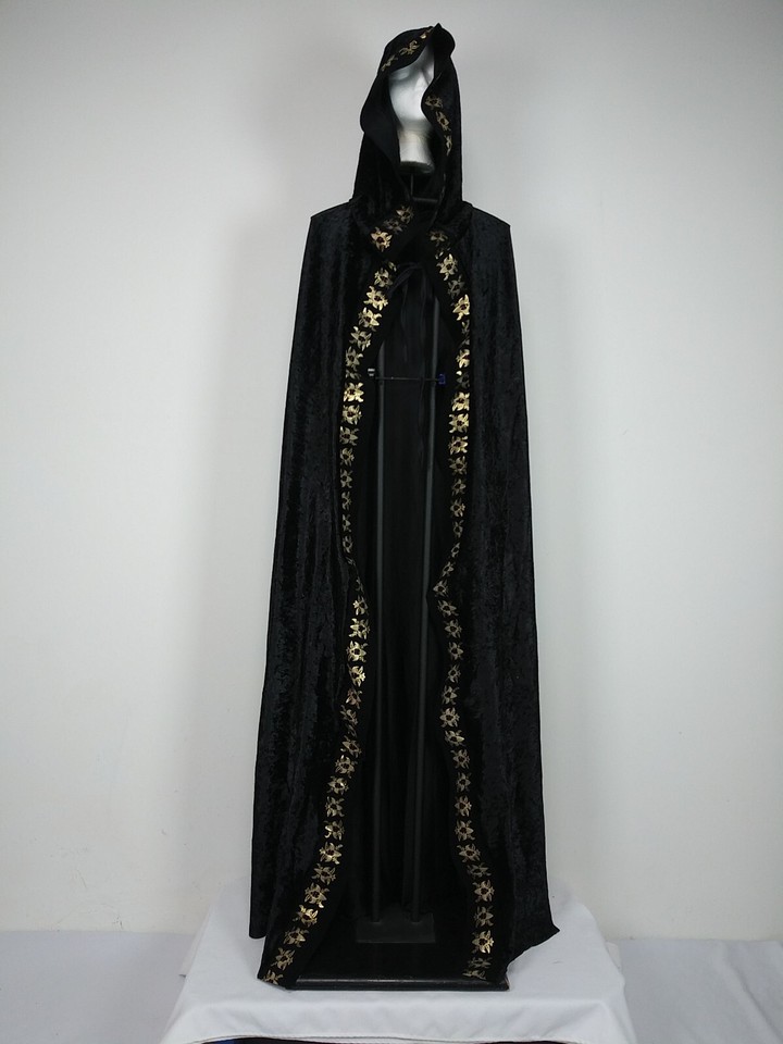 Cape Beautiful Black Velour Full Length Hooded Cloak W/ Gold & Red ...