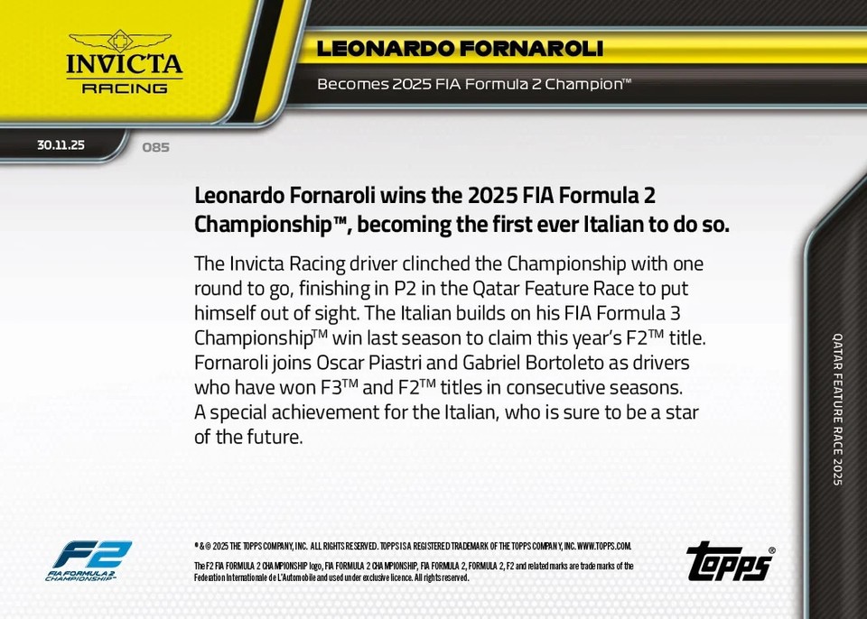 Leonardo Fornaroli FIA F2 Champion - 2025 Formula 1 Topps NOW - Card 85 ...