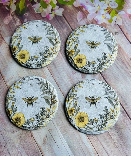 Bee coaster round slate coaster ,Decoupaged slate coaster,Bee gifts. | eBay UK