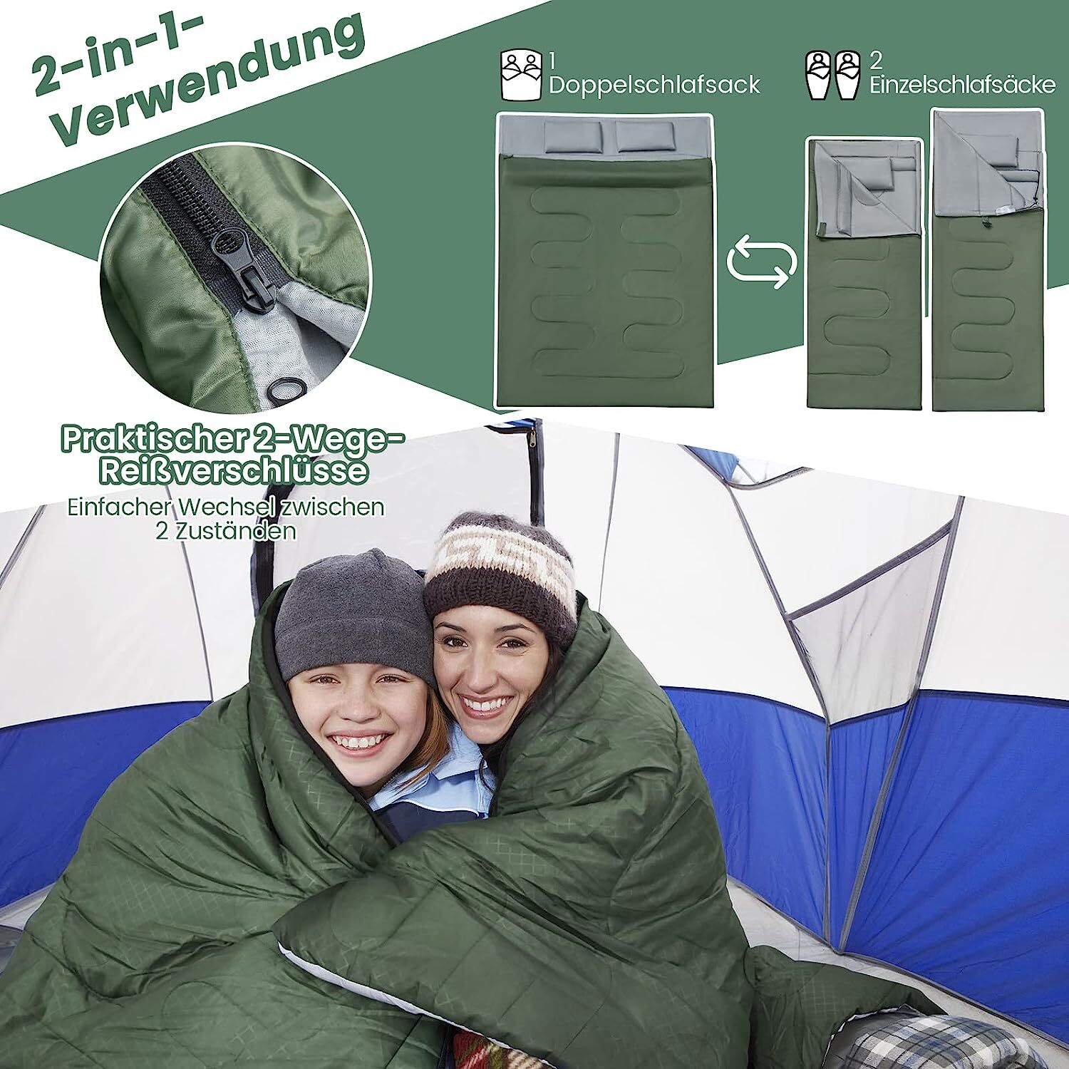 2in1 Doppelschlafsack 220x150cm Deckenschlafsack 2 Personen Schlafsack ...