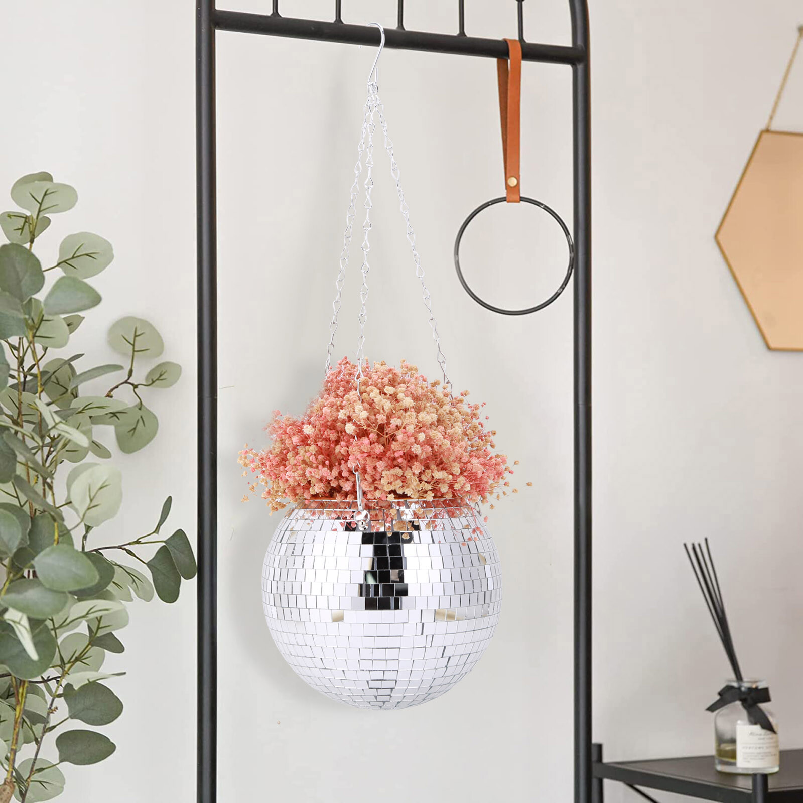 Mirror Silver Flower Pot with Chain - Disco Ball Hanging Planter (20cm ...