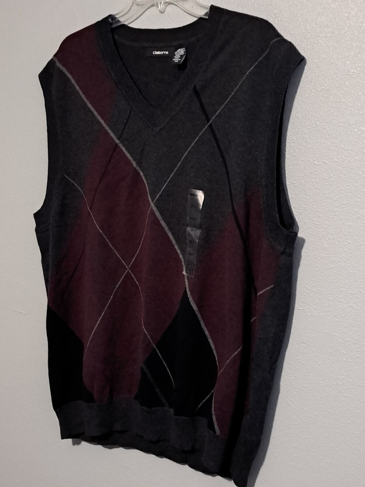 Claiborne Mens Sweater Vest 2XLT Gray Burgundy V- Neck Pullover ...