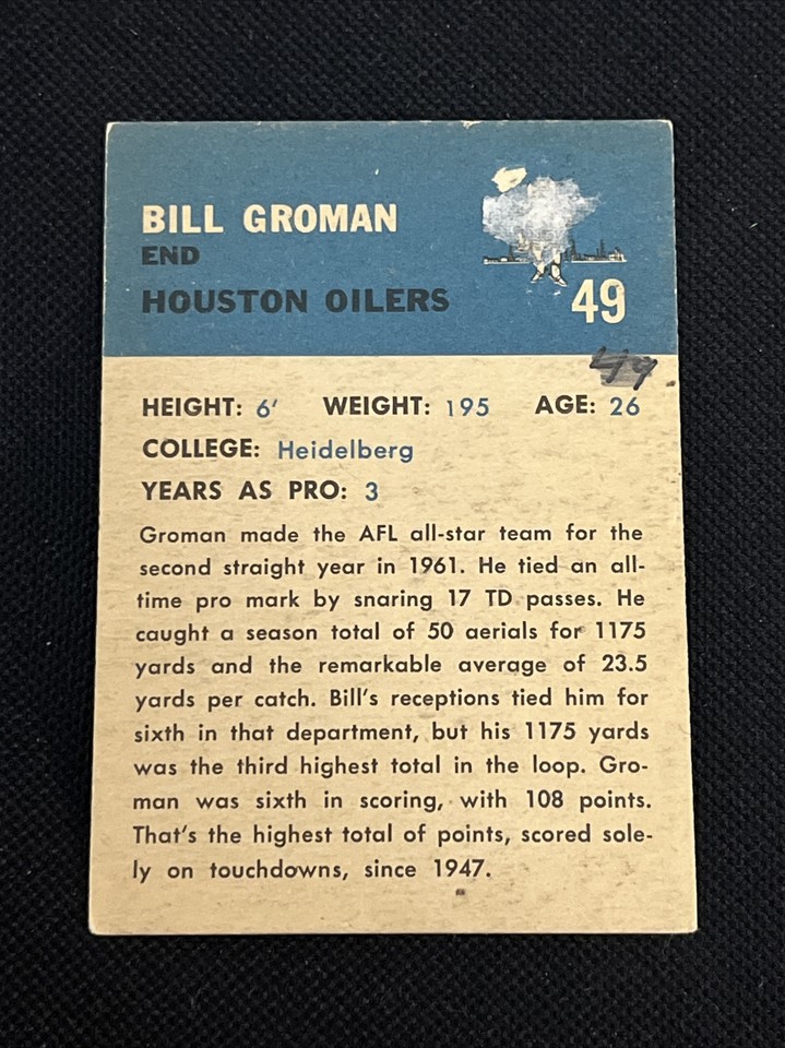 BILL GROMAN 1962 FLEER SIGNED AUTOGRAPHED CARD #49 HOUSTON OILERS | eBay