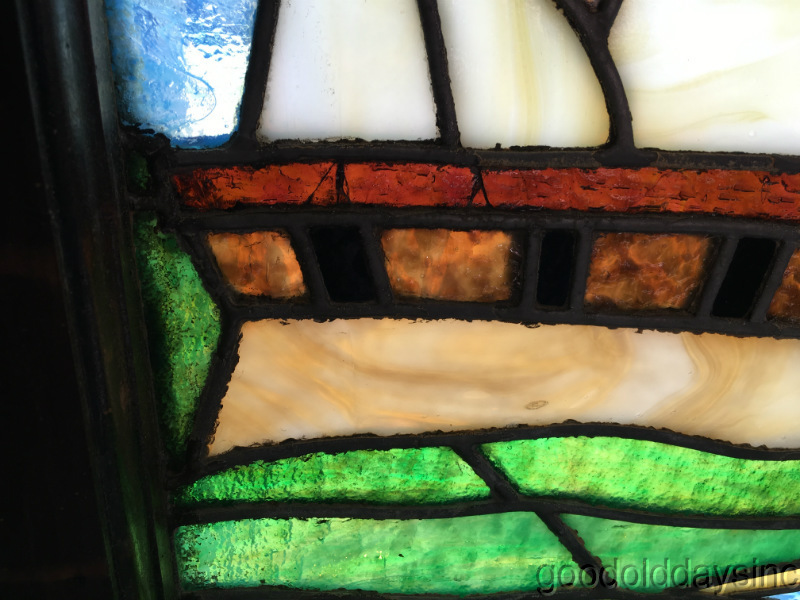 Antique Scene Window 36" by 25" Windmill Landscape River Circa 1910 | eBay