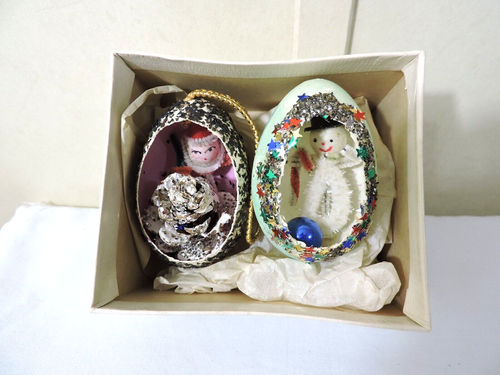 2 Christmas Egg Ornament Handmade Vintage Santa & Snowman Shell Diorama ...