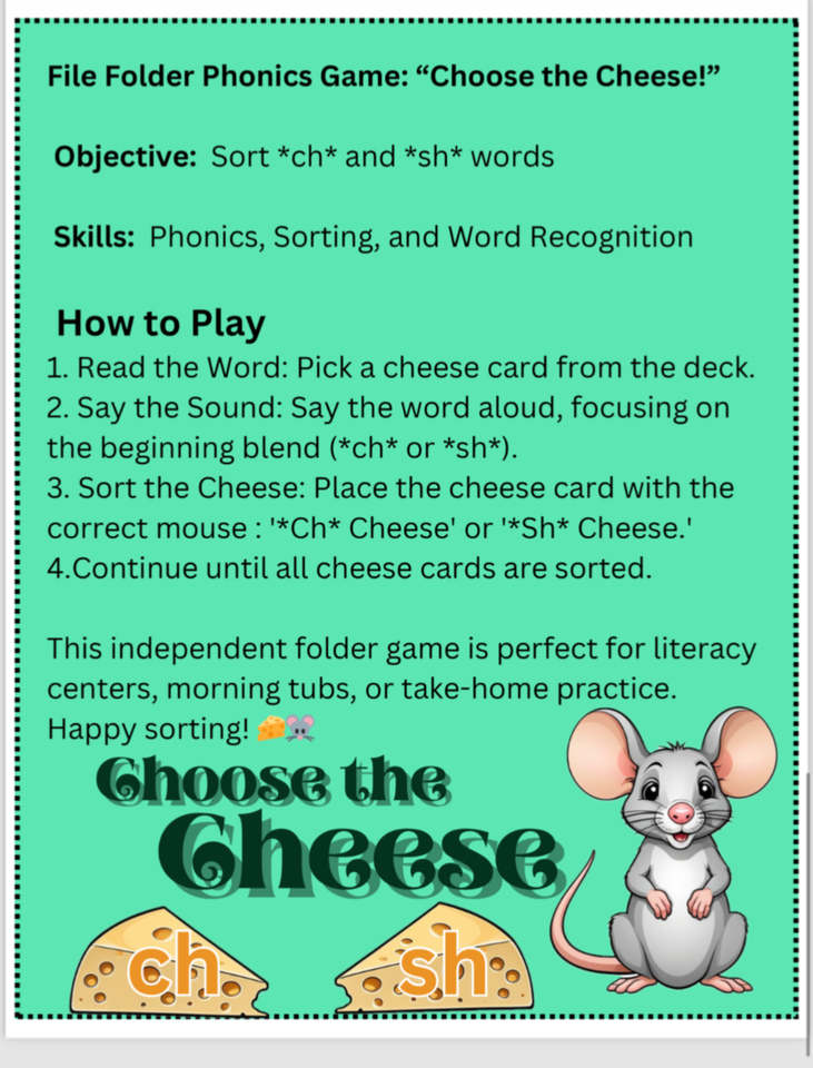 NEW - Phonics Game CH SH - DIY File Folder game - Printed / Uncut | eBay