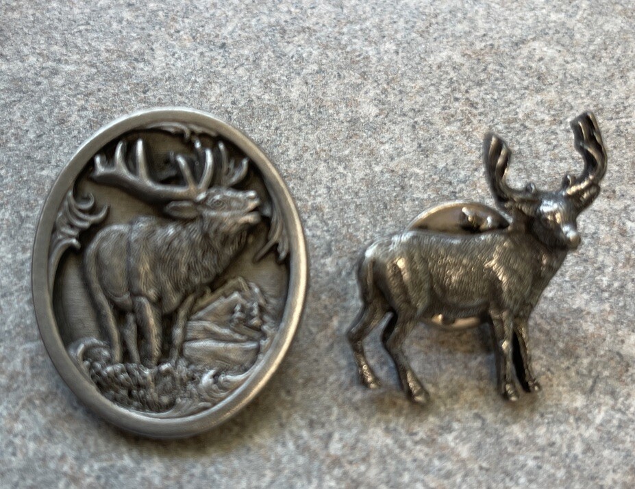 Lot of 2 Elk & Deer Buck Lapel Hat Jacket Pins Pewter Signed Siskiyou ...