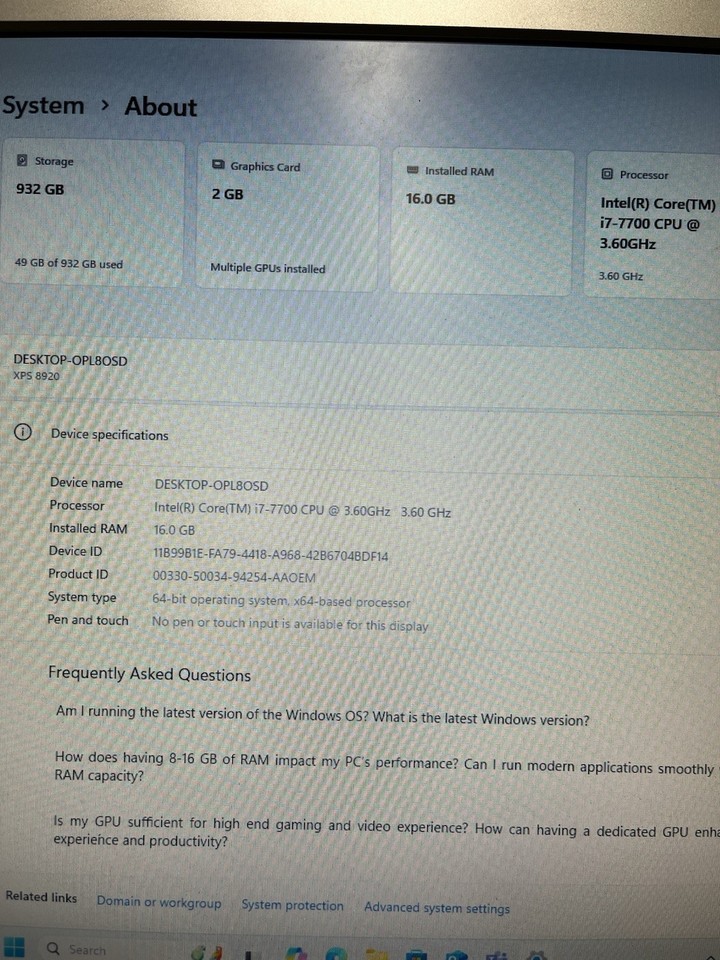 Dell XPS 8920 I7-7700, 16gb RAM, 1tb NVMe Drive, Windows 11 pro, GT 730 ...