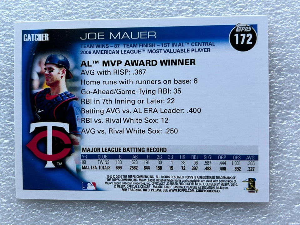2 card lot 2010 Topps #172 - Joe Mauer Minnesota Twins HOF | eBay