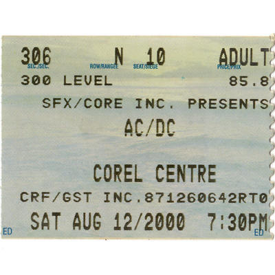 AC/DC & SLASH'S SNAKEPIT Concert Ticket Stub OTTAWA 8/12/00 CANADA GUNS ...