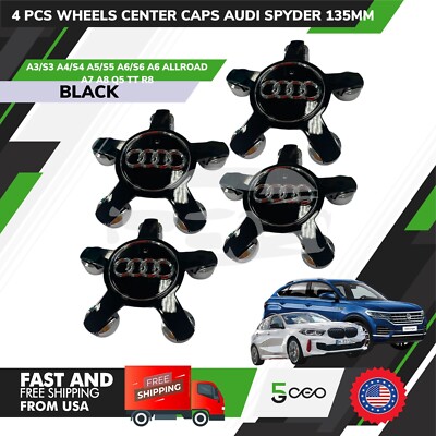 AUDI 4 PCS WHEELS CENTER HUB CAPS AUDI BLACK GLOSSY SPYDER 135 MM Q5 TT ...