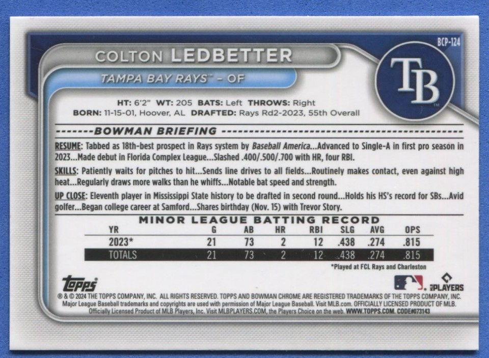 2024 Bowman Chrome Prospects Colton Ledbetter Tampa Bay Rays #BCP-124 ...