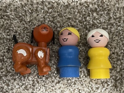 Vintage Fisher Price Little People Two Ladies One Brown Movable Dog | eBay