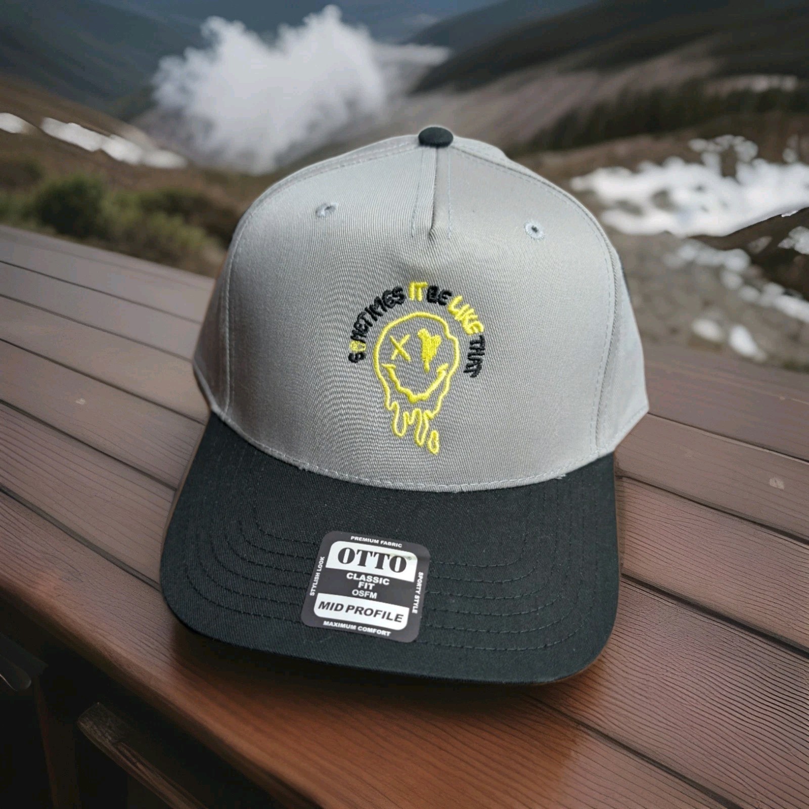 Hat Cap - Customized Otto 31-069 Gray / Black Melting Smiley Face ...