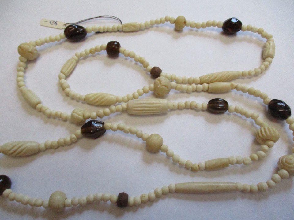Vintage 44 Inch Long Carved Cream White Stone Brown Amber Glass Beaded ...