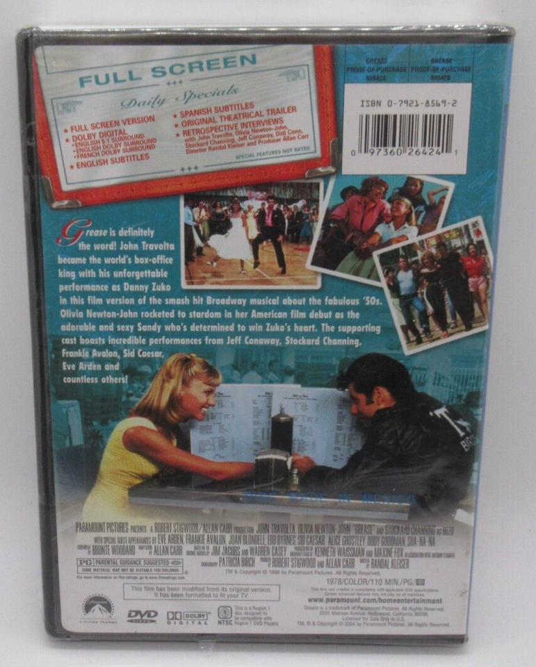 GREASE DVD MOVIE, JOHN TRAVOLTA, OLIVIA NEWTON-JOHN, STOCKARD CHANNING ...